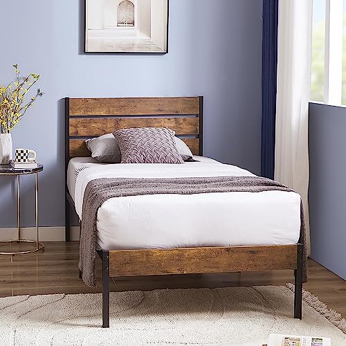 VECELO Platform Twin Bed Frame with Rustic Vintage Wood Headboard and Footboard, Mattress Foundation, Strong Metal Slats Support, No Box Spring Needed