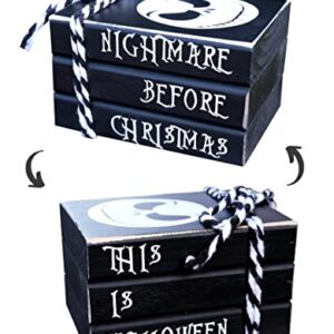 LIVDUCOT Mini Black Halloween Tiered Tray Decor Wood Decorative Book Stack-5x4x3" Rustic Farmhouse Fake Wooden Books for Home Table Decorations Nightmare Before Christmas & This is Halloween Sign