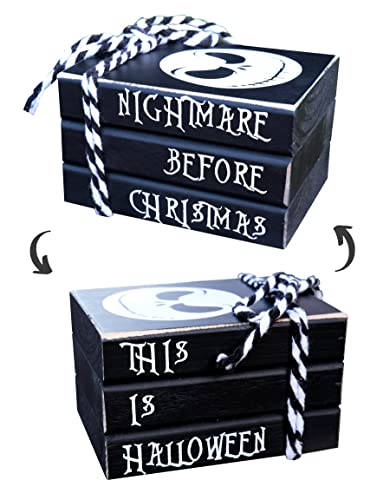 LIVDUCOT Mini Black Halloween Tiered Tray Decor Wood Decorative Book Stack-5x4x3" Rustic Farmhouse Fake Wooden Books for Home Table Decorations Nightmare Before Christmas & This is Halloween Sign