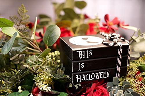 LIVDUCOT Mini Black Halloween Tiered Tray Decor Wood Decorative Book Stack-5x4x3" Rustic Farmhouse Fake Wooden Books for Home Table Decorations Nightmare Before Christmas & This is Halloween Sign