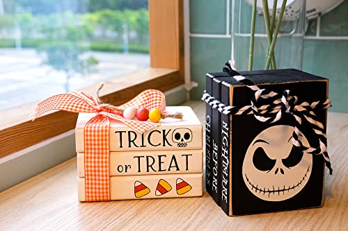 LIVDUCOT Mini Black Halloween Tiered Tray Decor Wood Decorative Book Stack-5x4x3" Rustic Farmhouse Fake Wooden Books for Home Table Decorations Nightmare Before Christmas & This is Halloween Sign