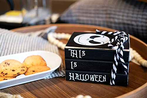 LIVDUCOT Mini Black Halloween Tiered Tray Decor Wood Decorative Book Stack-5x4x3" Rustic Farmhouse Fake Wooden Books for Home Table Decorations Nightmare Before Christmas & This is Halloween Sign