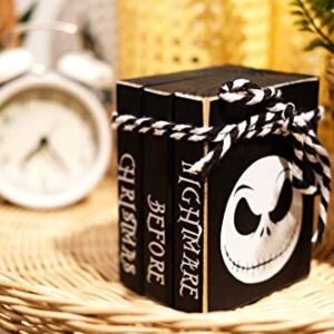 LIVDUCOT Mini Black Halloween Tiered Tray Decor Wood Decorative Book Stack-5x4x3" Rustic Farmhouse Fake Wooden Books for Home Table Decorations Nightmare Before Christmas & This is Halloween Sign