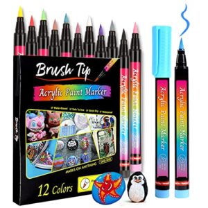 ARTDINGD Acrylic Paint Pens Brush Tip, 12 Colors Markers for Rock Painting, Calligraphy, Scrapbooking, Lettering, Card Making, Sketching, Black Paper, DIY Photo Album