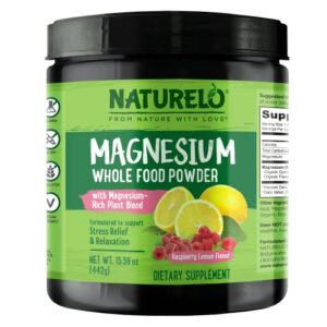 naturelo whole food magnesium powder - supports stress relief, relaxation, raspberry lemon flavor - 85 servings | 15 oz