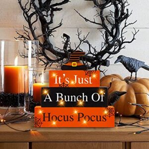 Halloween Wooden Block Sign with Led Lights- It's Just a Bunch of Hocus Pocus Witch Light up Wood Sign Decor for Table Mantle- Halloween Festive Haunted House Farmhouse Home Tabletop Tiered Tray Decor