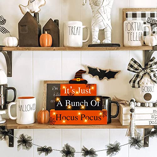 Halloween Wooden Block Sign with Led Lights- It's Just a Bunch of Hocus Pocus Witch Light up Wood Sign Decor for Table Mantle- Halloween Festive Haunted House Farmhouse Home Tabletop Tiered Tray Decor