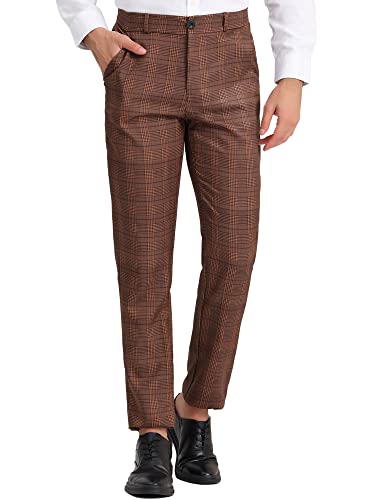 Lars Amadeus Men's Brown Plaid Dress Pants Straight Leg Flat Front Business Formal Checked Trousers 36