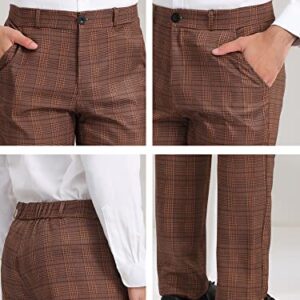 Lars Amadeus Men's Brown Plaid Dress Pants Straight Leg Flat Front Business Formal Checked Trousers 36