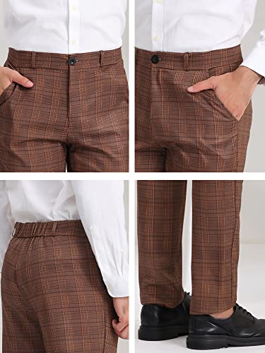 Lars Amadeus Men's Brown Plaid Dress Pants Straight Leg Flat Front Business Formal Checked Trousers 36