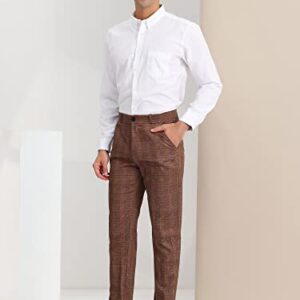 Lars Amadeus Men's Brown Plaid Dress Pants Straight Leg Flat Front Business Formal Checked Trousers 36