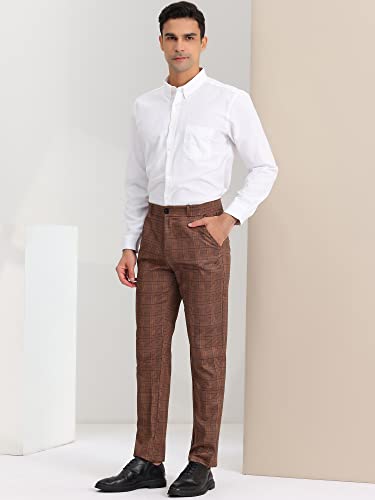 Lars Amadeus Men's Brown Plaid Dress Pants Straight Leg Flat Front Business Formal Checked Trousers 36