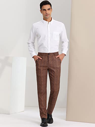 Lars Amadeus Men's Brown Plaid Dress Pants Straight Leg Flat Front Business Formal Checked Trousers 36