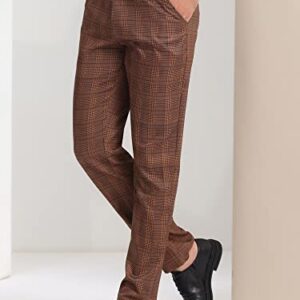 Lars Amadeus Men's Brown Plaid Dress Pants Straight Leg Flat Front Business Formal Checked Trousers 36