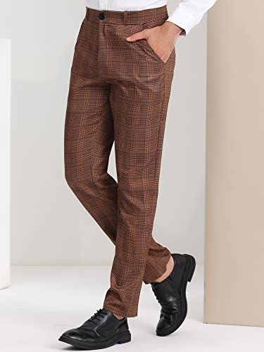 Lars Amadeus Men's Brown Plaid Dress Pants Straight Leg Flat Front Business Formal Checked Trousers 36