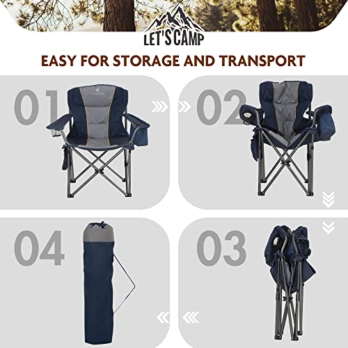 LET'S CAMP Folding Camping Chair Oversized Heavy Duty Padded Outdoor Chair with Cup Holder Storage and Cooler Bag, 450 LBS Weight Capacity, Thicken 600D Oxford