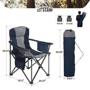 LET'S CAMP Folding Camping Chair Oversized Heavy Duty Padded Outdoor Chair with Cup Holder Storage and Cooler Bag, 450 LBS Weight Capacity, Thicken 600D Oxford