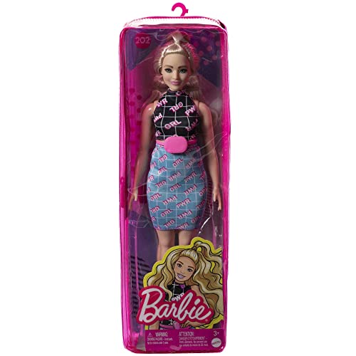 Barbie Fashionistas Doll #202 with Curvy Body, Blonde Hair, Girl Power Print Outfit & Accessories