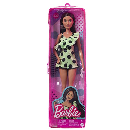 Barbie Fashionistas Doll #200 with Brunette Hair, Lime Green Polka Dot Romper & Barbie Accessories