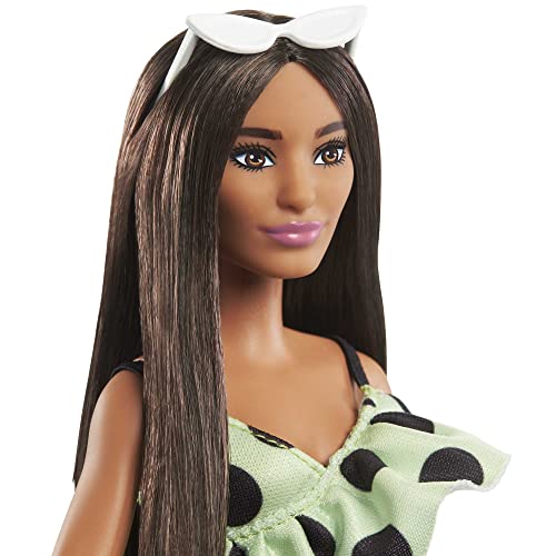 Barbie Fashionistas Doll #200 with Brunette Hair, Lime Green Polka Dot Romper & Barbie Accessories