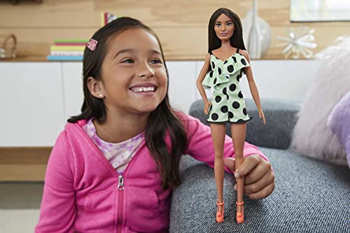 Barbie Fashionistas Doll #200 with Brunette Hair, Lime Green Polka Dot Romper & Barbie Accessories