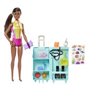 barbie marine biologist doll & 10+ accessories, mobile lab playset with brunette doll, case opens for storage & travel