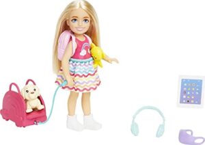 barbie chelsea doll & 6 accessories, travel set with puppy, pet carrier & backpack that opens & closes, blonde small doll