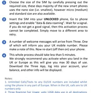 Three UK New PrePaid Europe (UK Three) SIM Card 30GB Data Unlimited Minutes/Texts for 30 Days with Free Roaming/USE in 71 Destinations Including Europe, South America and Australia (30GB)