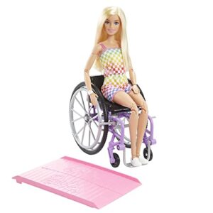 barbie fashionistas doll #194 with wheelchair and ramp, straight blonde hair and rainbow romper with accessories