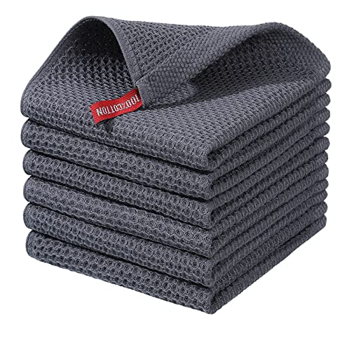 Cenebonxy 100% Cotton Waffle Weave Kitchen Dish Cloths, Soft and Absorbent Dish Rags, Quick Drying Dish Cloths for Washing Dishes, 12x12 Inches, 6-Pack, Dark Grey