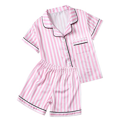 Silk Pjs for Women Set, Cute Silky Matching 2 Pcs Comfy Nightwear Button Down Sexy Soft Satin Summer Pj Short Set, D Pink Stripe, X-Small