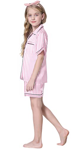 Silk Pjs for Women Set, Cute Silky Matching 2 Pcs Comfy Nightwear Button Down Sexy Soft Satin Summer Pj Short Set, D Pink Stripe, X-Small