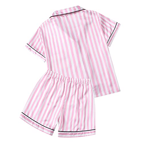 Silk Pjs for Women Set, Cute Silky Matching 2 Pcs Comfy Nightwear Button Down Sexy Soft Satin Summer Pj Short Set, D Pink Stripe, X-Small