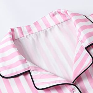 Silk Pjs for Women Set, Cute Silky Matching 2 Pcs Comfy Nightwear Button Down Sexy Soft Satin Summer Pj Short Set, D Pink Stripe, X-Small