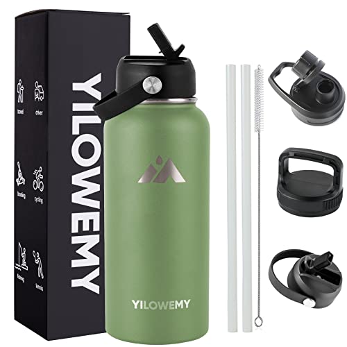 32 oz Water Bottle Stainless Steel with Straws & 3 Lids, Double Wall Vacuum Insulated Water Bottle 32oz Leak Proof Metal Thermos Mug, 32 Ounce Wide Mouth Water Jug Army Green Water Bottle for Sports