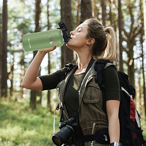 32 oz Water Bottle Stainless Steel with Straws & 3 Lids, Double Wall Vacuum Insulated Water Bottle 32oz Leak Proof Metal Thermos Mug, 32 Ounce Wide Mouth Water Jug Army Green Water Bottle for Sports