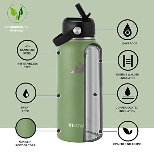 32 oz Water Bottle Stainless Steel with Straws & 3 Lids, Double Wall Vacuum Insulated Water Bottle 32oz Leak Proof Metal Thermos Mug, 32 Ounce Wide Mouth Water Jug Army Green Water Bottle for Sports