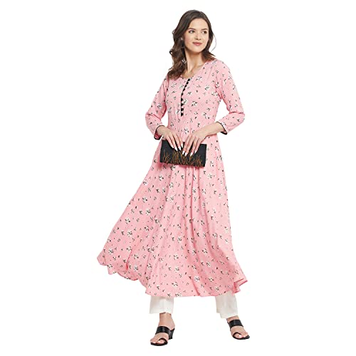 Tissu Women's Rayon Pink & Green Floral Pritned A-Line Kurta 2149_Pink_4XL