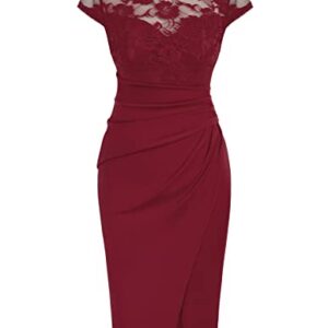 GRACE KARIN Women's Elegant Round Neck Wedding Guest Floral Lace Cocktail Party Dress Wine Red M