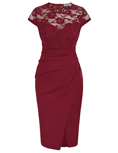 GRACE KARIN Women's Elegant Round Neck Wedding Guest Floral Lace Cocktail Party Dress Wine Red M