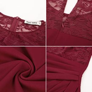 GRACE KARIN Women's Elegant Round Neck Wedding Guest Floral Lace Cocktail Party Dress Wine Red M