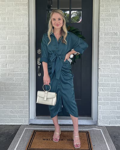 BTFBM Women 2023 Long Sleeve Lapel V Neck Button Down Satin Dress Belted Elegant Ruched Summer Fall Maxi Shirt Dresses(Solid Dark Green, Medium)