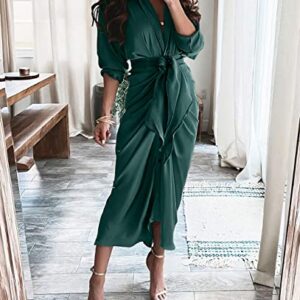 BTFBM Women 2023 Long Sleeve Lapel V Neck Button Down Satin Dress Belted Elegant Ruched Summer Fall Maxi Shirt Dresses(Solid Dark Green, Medium)