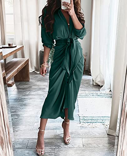 BTFBM Women 2023 Long Sleeve Lapel V Neck Button Down Satin Dress Belted Elegant Ruched Summer Fall Maxi Shirt Dresses(Solid Dark Green, Medium)