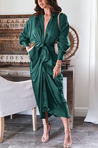 BTFBM Women 2023 Long Sleeve Lapel V Neck Button Down Satin Dress Belted Elegant Ruched Summer Fall Maxi Shirt Dresses(Solid Dark Green, Medium)