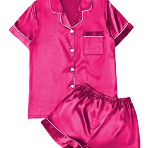 Remidoo Women's Satin Pajamas Short Sleeve Button Down Shirt with Shorts Set 2 Piece Sleepwear Solid Hot Pink Small