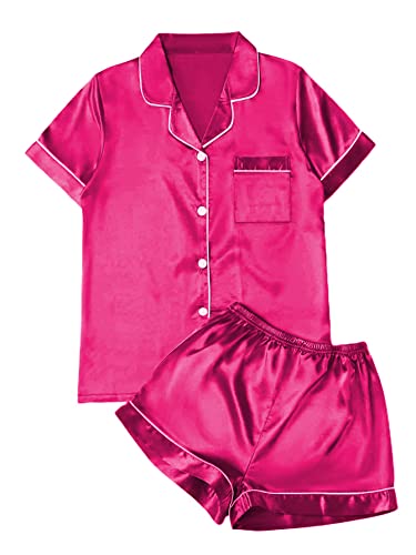 Remidoo Women's Satin Pajamas Short Sleeve Button Down Shirt with Shorts Set 2 Piece Sleepwear Solid Hot Pink Small