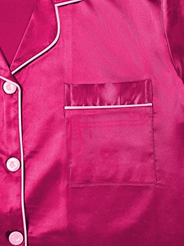 Remidoo Women's Satin Pajamas Short Sleeve Button Down Shirt with Shorts Set 2 Piece Sleepwear Solid Hot Pink Small