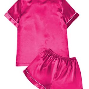 Remidoo Women's Satin Pajamas Short Sleeve Button Down Shirt with Shorts Set 2 Piece Sleepwear Solid Hot Pink Small