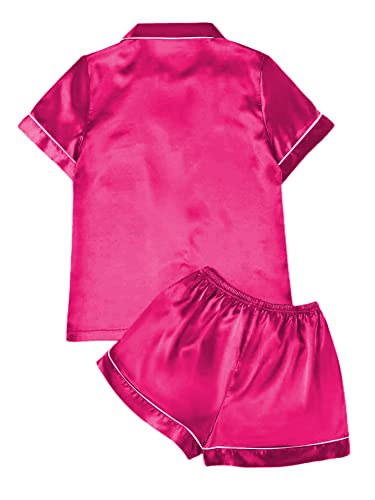 Remidoo Women's Satin Pajamas Short Sleeve Button Down Shirt with Shorts Set 2 Piece Sleepwear Solid Hot Pink Small